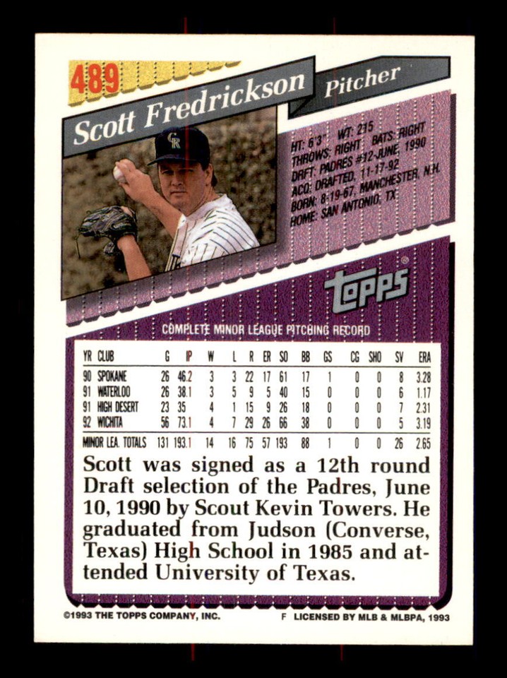 1993 Baseball Topps Scott Fredrickson Colorado Rockies #489 RC | eBay