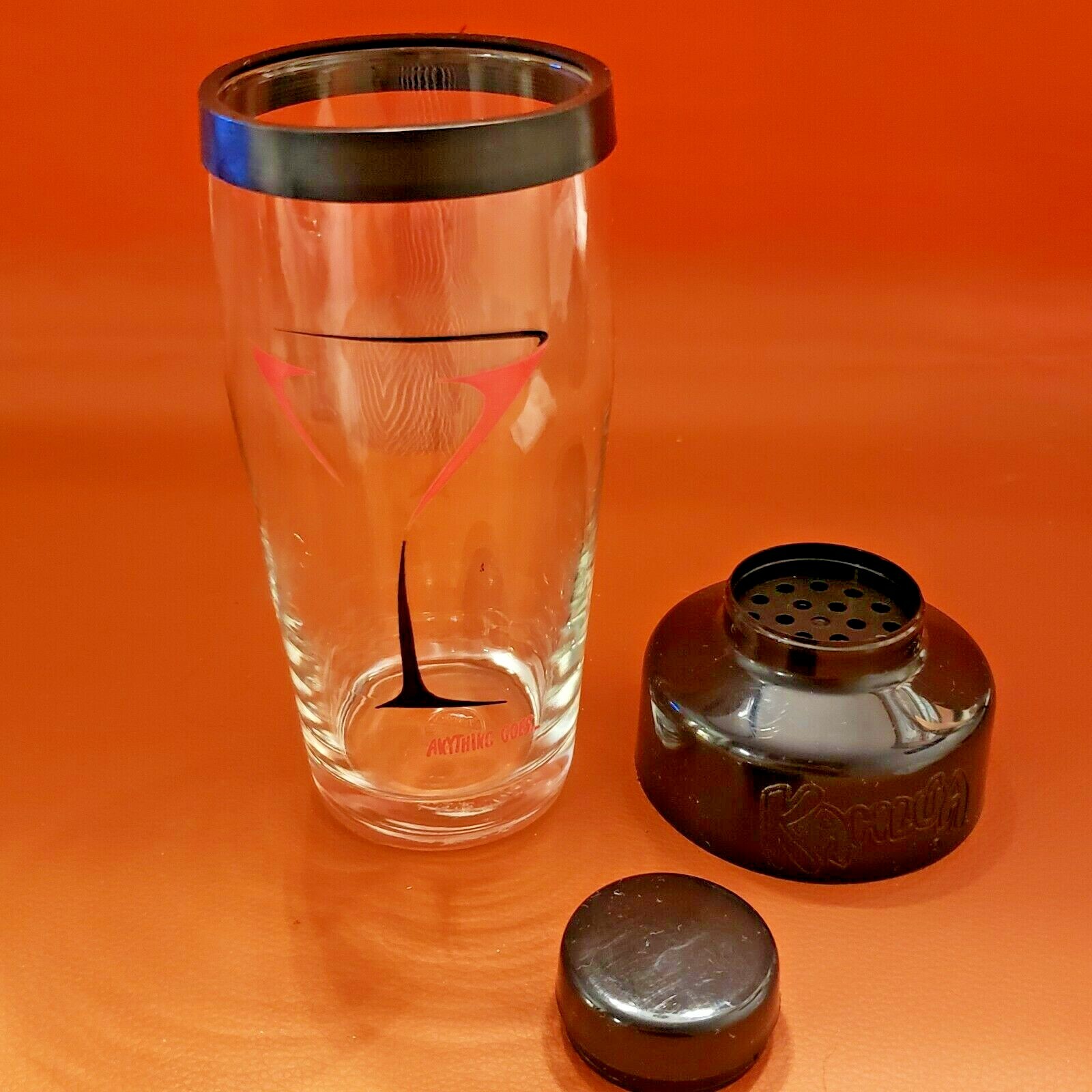 KAHLUA GLASS COCKTAIL SHAKER - "ANYTHING GOES" - PLACTIC TOP & STRAINER ...