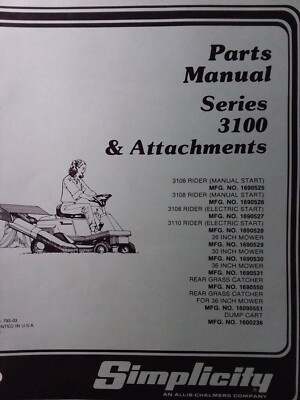 Simplicity 3108 3110 RER Riding Lawn Mower Tractor & Implements Parts ...