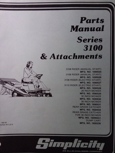 Simplicity 3108 3110 RER Riding Lawn Mower Tractor & Implements Parts ...