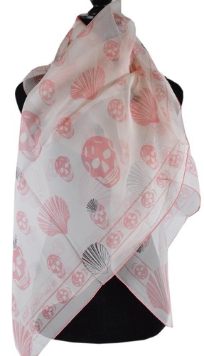 New Alexander McQueen 553946 Pink Cream Scalloped Skull Silk Chiffon Scarf | eBay