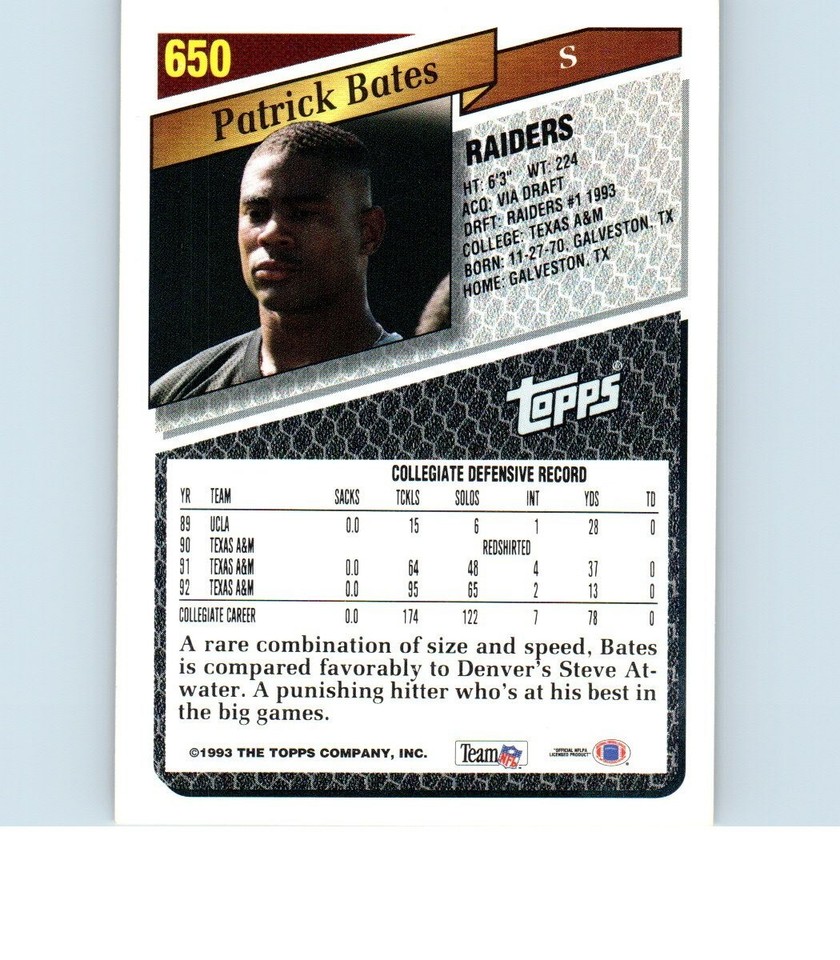 Patrick Bates 650 Raiders 1993 Topps NFL Football Trading Card | eBay