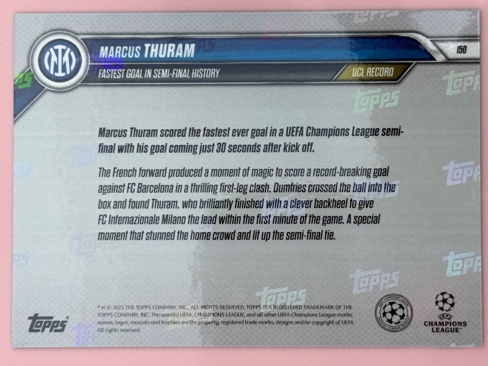 Topps Now #150 Marcus Thuram Inter Milan Fastest Goal UCL Semi Final ...