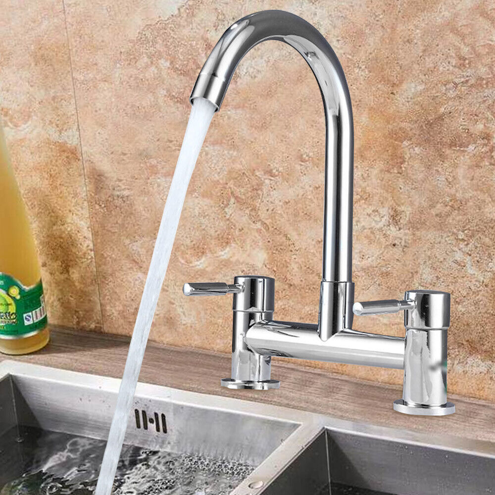 Modern Dual Lever Chrome Kitchen Sink Mixer Taps 2 Hole Deck Mounted ...