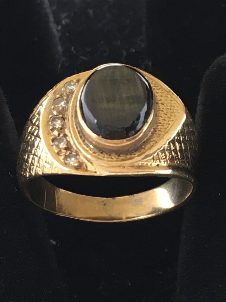 Elegant 13K Yellow Gold Diamonds & Cat’s Eye Men’s Pinky Ring 7.3gr ...