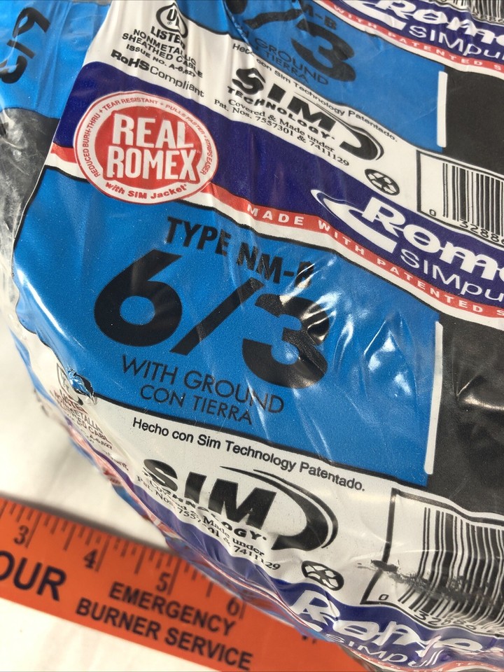 50 FT - 6/3 Wire ROMEX 6/3 W/Ground NM-B Cable Non-Metallic Free ...