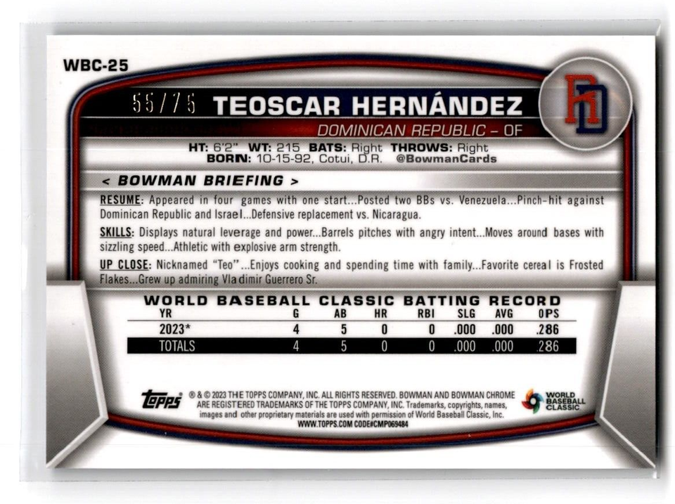 2023 TEOSCAR HERNANDEZ BOWMAN CHROME #WBC-25 WBC FLAG BLUE REFRACTOR 55/75!! | eBay