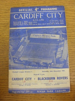 16/12/1961 Cardiff City v Blackburn Rovers (Creased, Folded, Marked ...