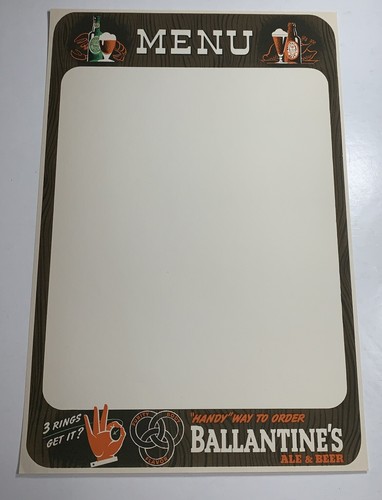 Ballantine Beer Menu Sheet Newark New Jersey 1940’s Mint Sign Go With ...