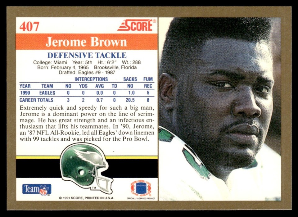 1991 Score Jerome Brown Philadelphia Eagles #407 | eBay