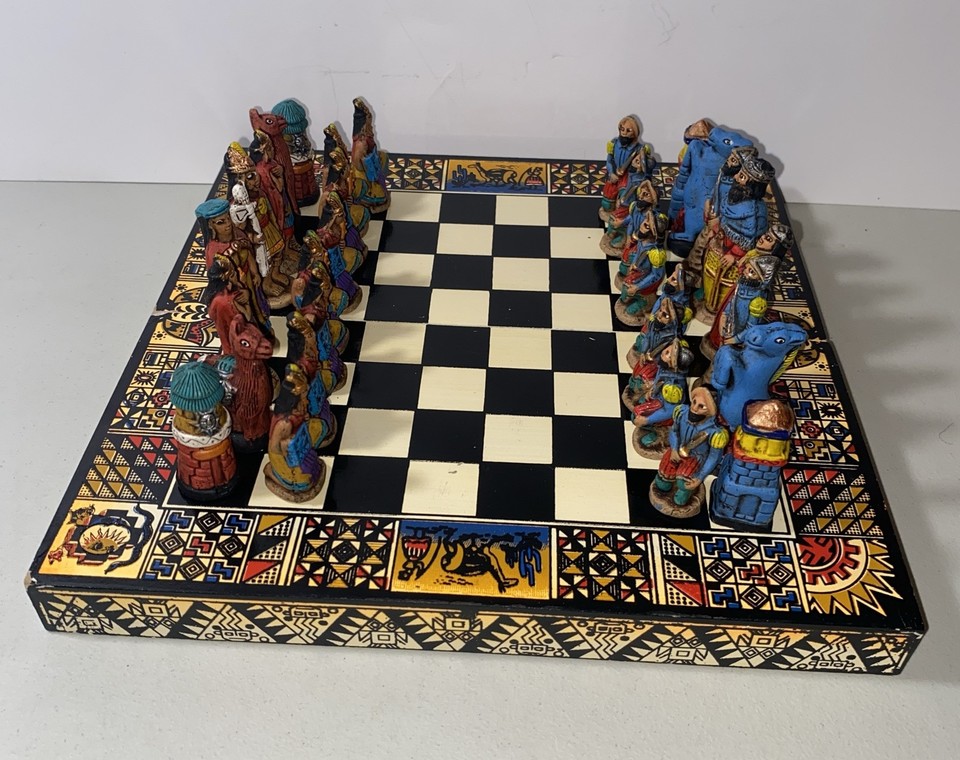 Vintage Peruvian Hand Painted Mayan Vs Conquistadors Chess Set 10 ...
