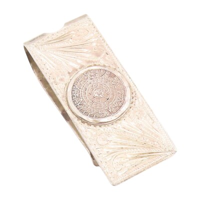 925 Sterling Silver Vintage Money Clip Dark Tone Floral Carved Aztec ...