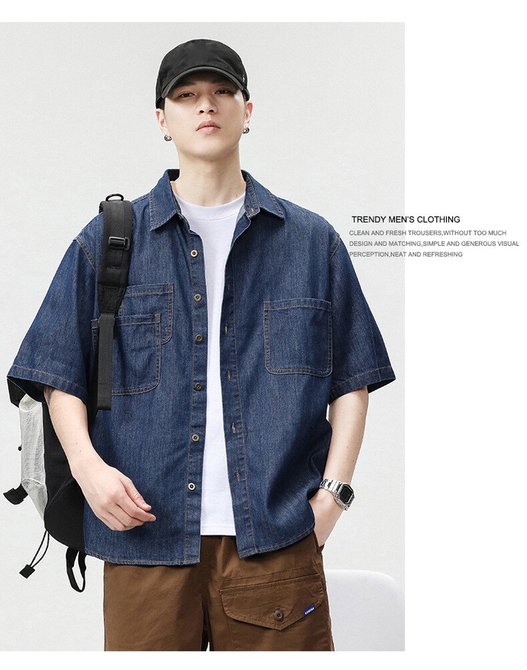 Japanese Short Sleeve Casual Work Shirt Fashion Mens Denim Loose Shirt ...