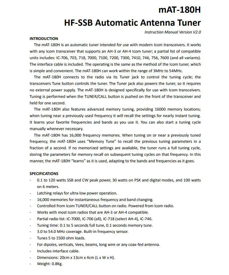 mAT-180H HF Auto-tuner 120W AUTO TUNER Automatic Antenna Ham Radio ...