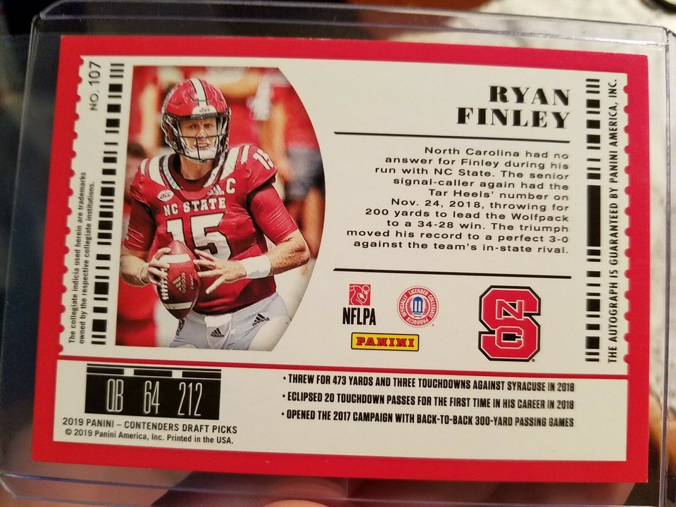 2019 Panini Contenders Draft Picks FAME! Ryan Finley RC Auto #5/5 🔥HOT ...
