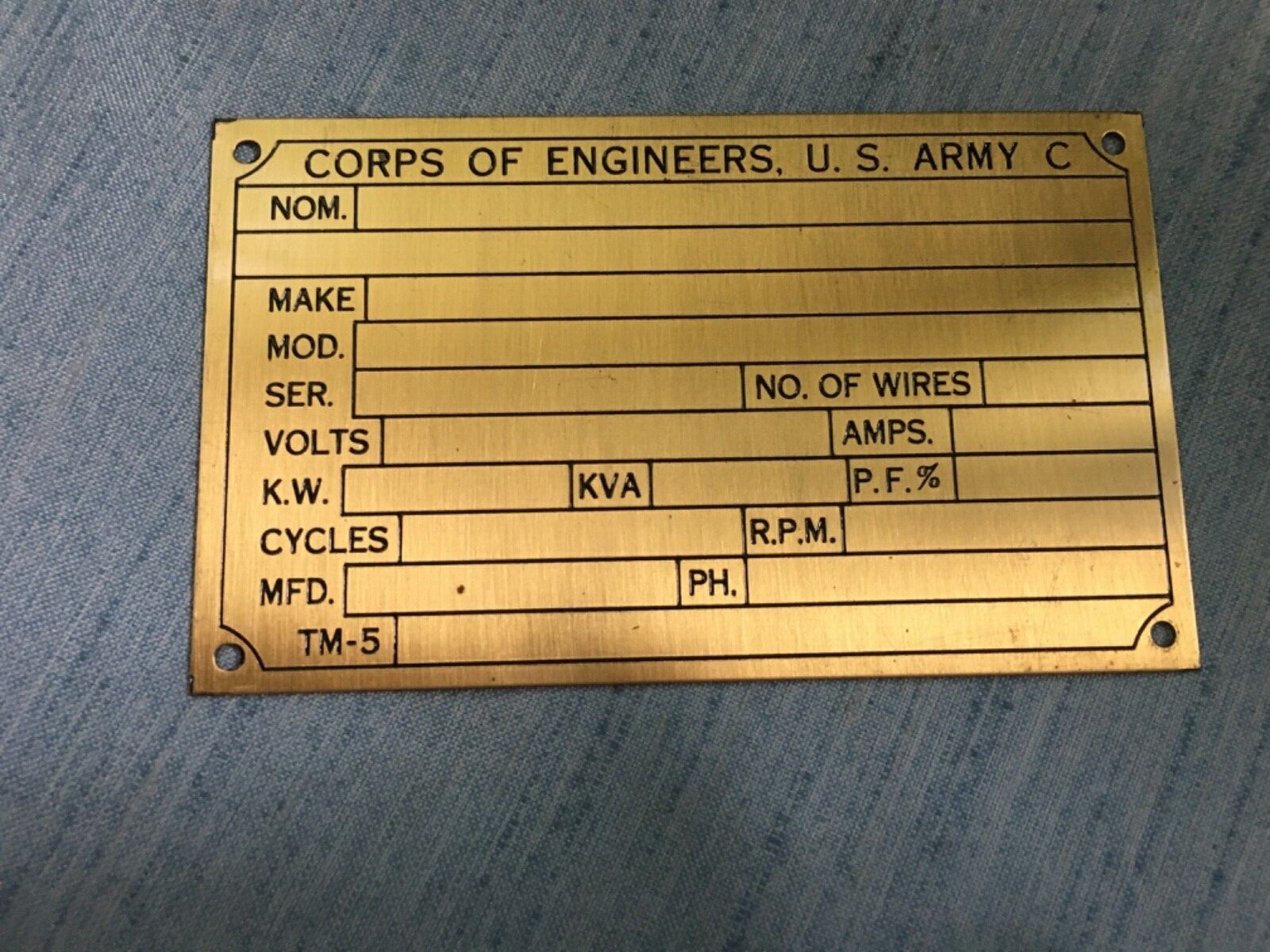 Brass Army Corps of Engineers Generator Nomenclature/Serial # Plate ...