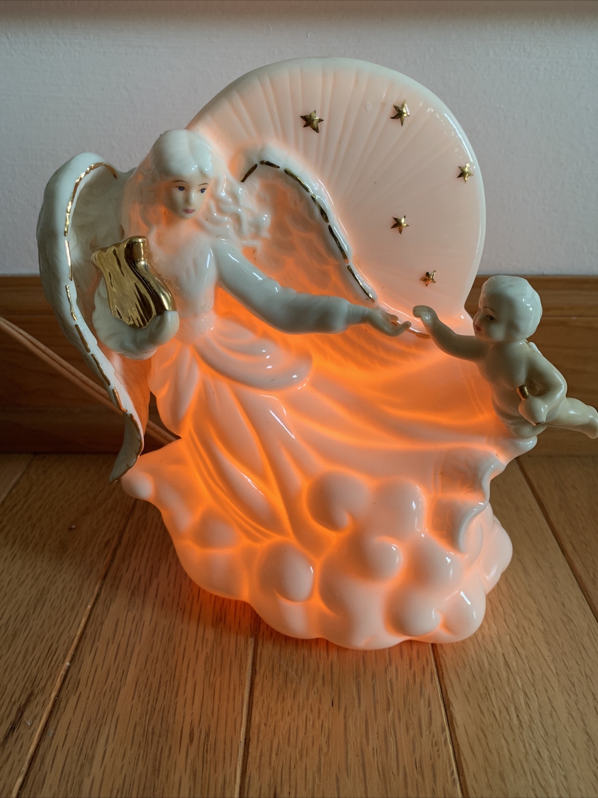 Vintage Lighted Guardian Angel with Cherub Porcelain Night Light w ...