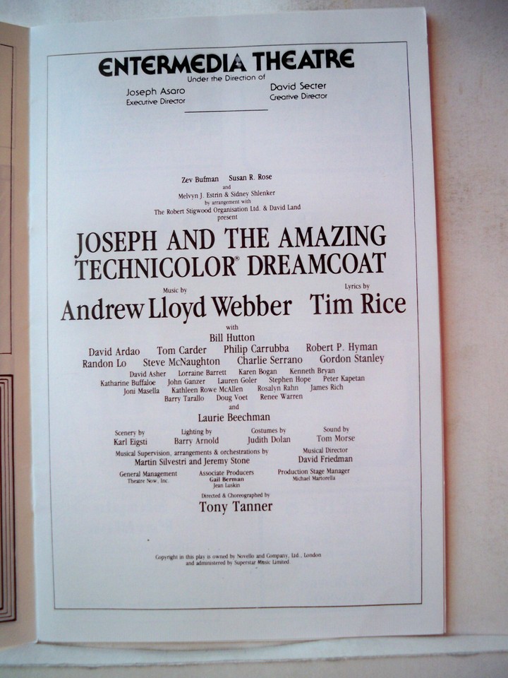 JOSEPH / DREAMCOAT Playbill BILL HUTTON / LAURIE BEECHMAN Entermedia ...