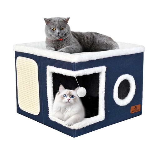 Cat House for Indoor Cats - Foldable Cat Hideaway with Hanging Fluffy ...