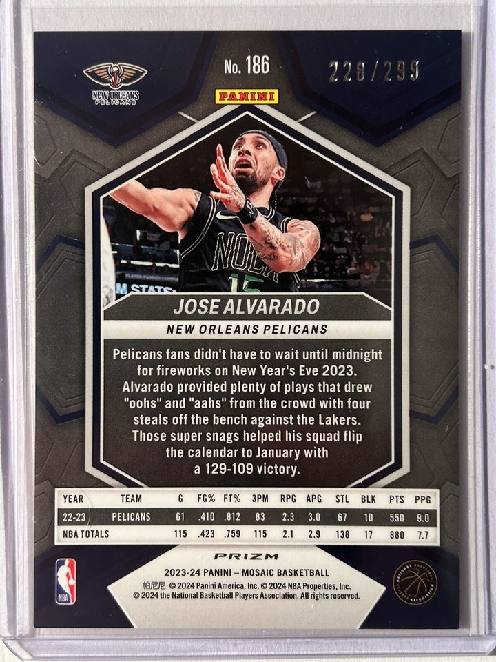 Jose Alvarado /299 Red Tectonic Prizm 2023 - 24 Panini Mosaic #186 ...