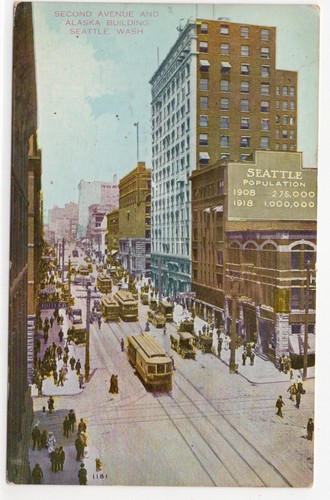 Seattle WA Vintage Postcard Alaska Building 2nd Ave Population Sign ...