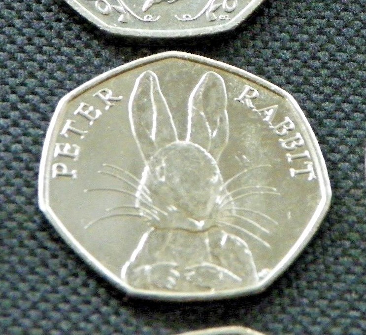 5 X BEATRIX POTTER 50p INC RARE PETER RABBIT SHORT WHISKER & 1866-1948 ...