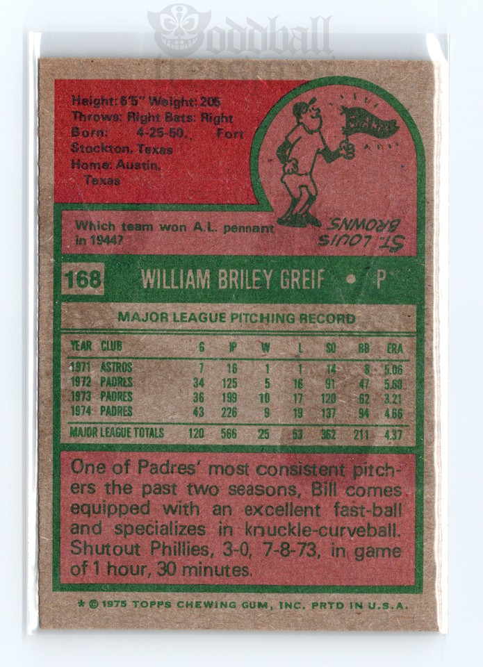 1975 Topps #168 Bill Greif [Set-Break] VERY GOOD or BETTER | eBay