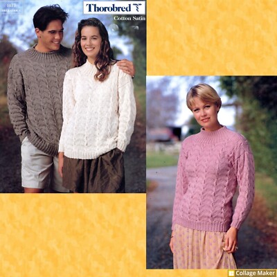 Thorobred Knitting Leaflet 1477. Mens ladies Cotton Satin Cable Jumper ...