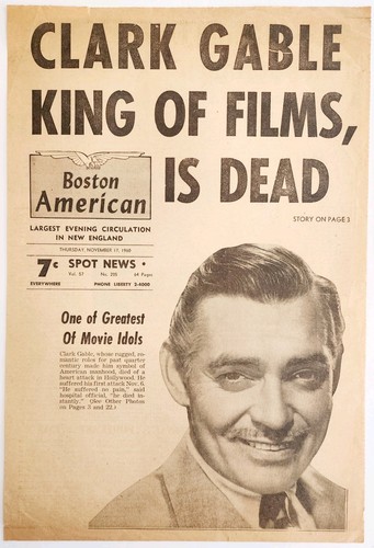 1960 Clark Gable King Of Films Is Dead Boston American Newspaper Page ...