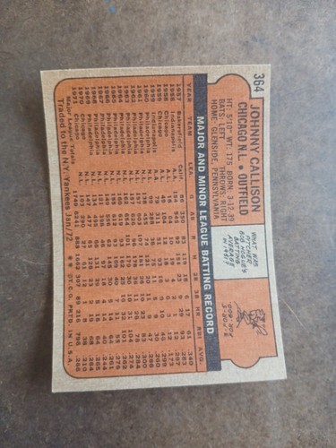 1972 Topps. Baseball #364 Johnny Callison Cubs Ex Read Description | eBay