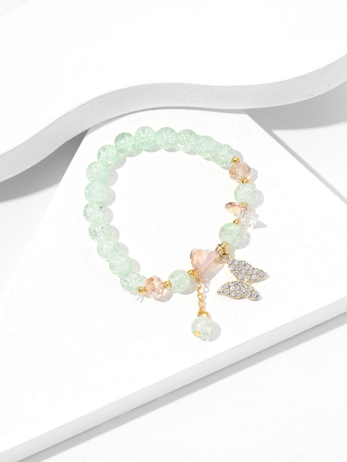 Pale Green Rhinestone Butterfly Charm Crystal Beaded Bracelet Stackable ...