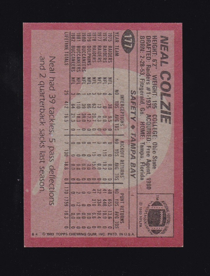 1983 Topps Neal Colzie #177 Tampa Bay Buccaneers | eBay