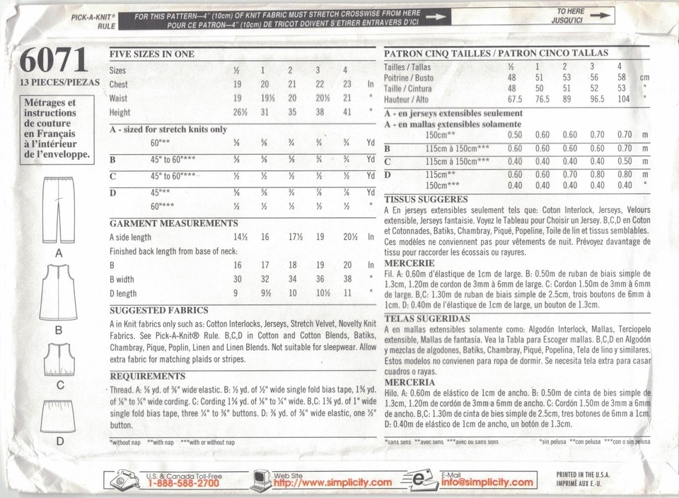 6071 Simplicity New Look Sewing Pattern Knit Pants, Skirt, Dress & Tops ...