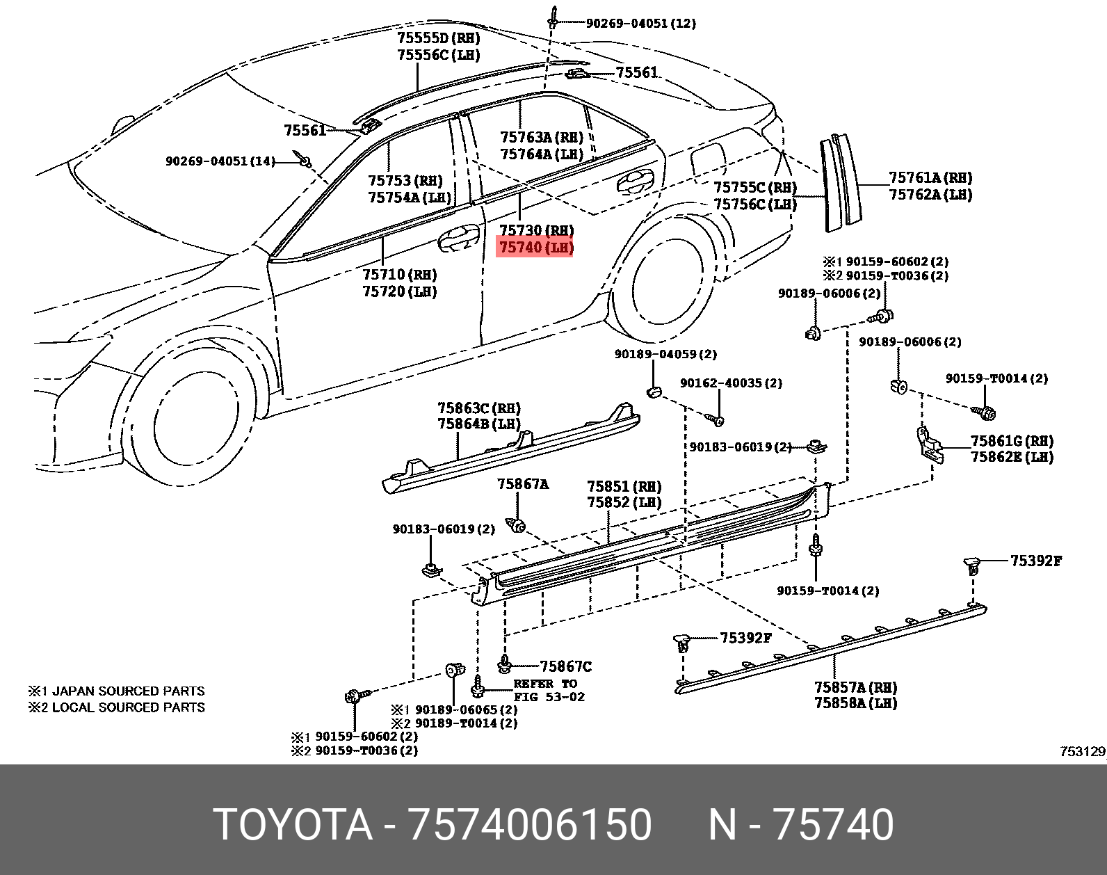 Original moulding assy, rear door belt, left, 7574006150 for TOYOTA ...