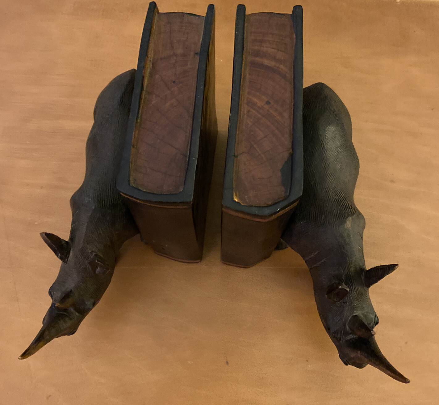 Carved Wooden Rhino Rhinoceros Book Shaped Bookends (See Description ...