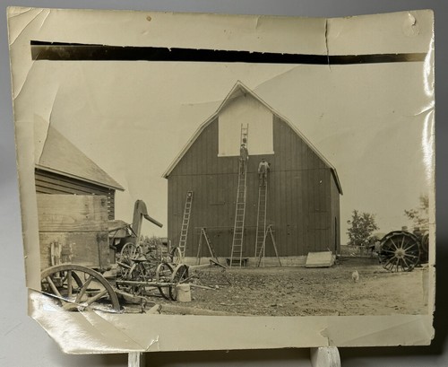 8"X10" Photo Antique Barn Raising? Painting? Farm Equipment Men On ...