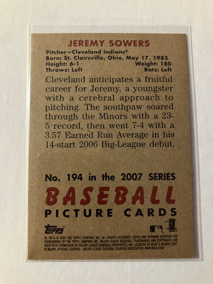 2007 Bowman Heritage Jeremy Sowers #194 Cleveland Indians SP Variation ...