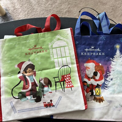 2 HALLMARK Christmas Tote Shopping Bags Young Santa & Old Santa Design ...