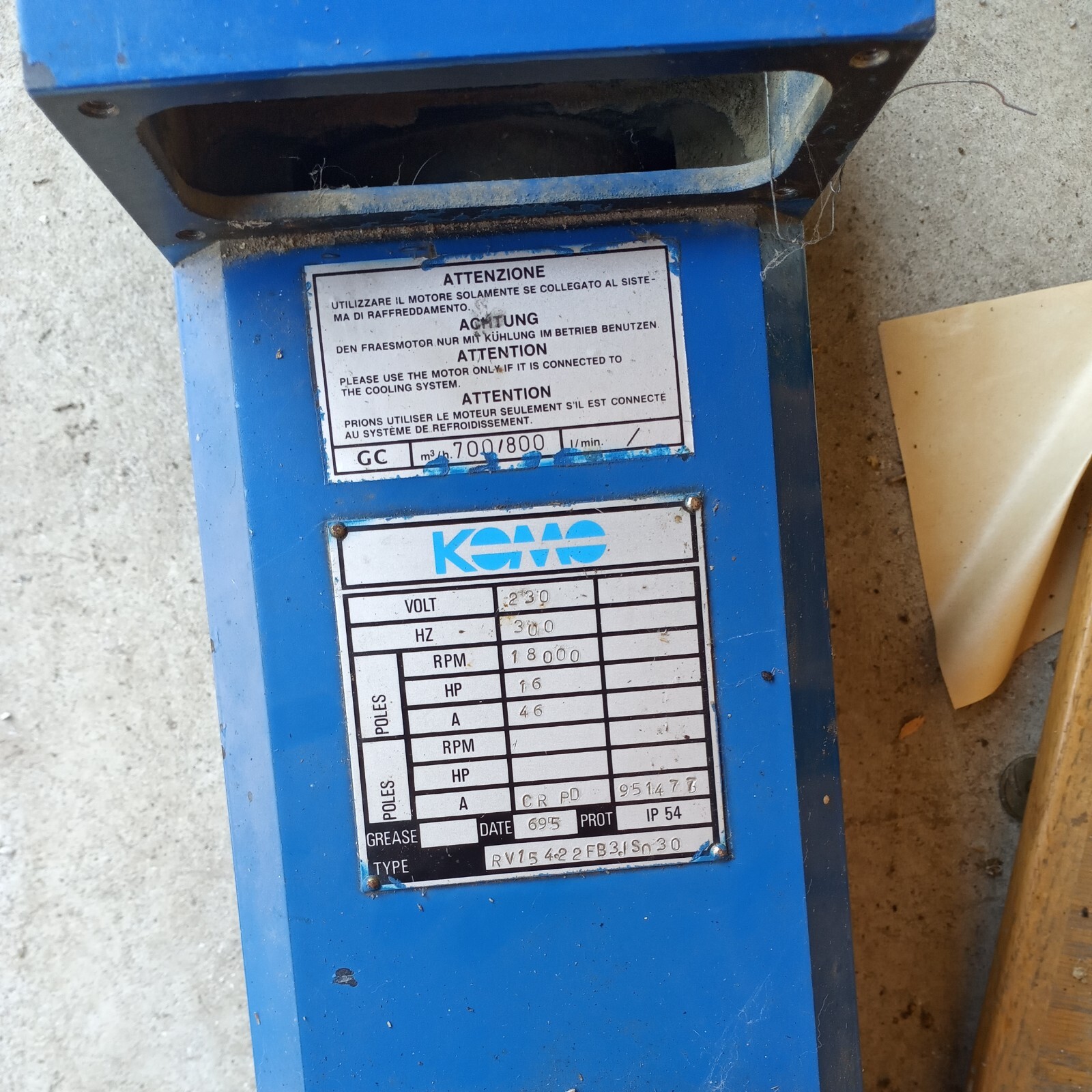 16HP KOMO, 18000 RPM SPINDLE MOTOR, 230V 300HZ rv 154.22 fb 3.1 gc ...