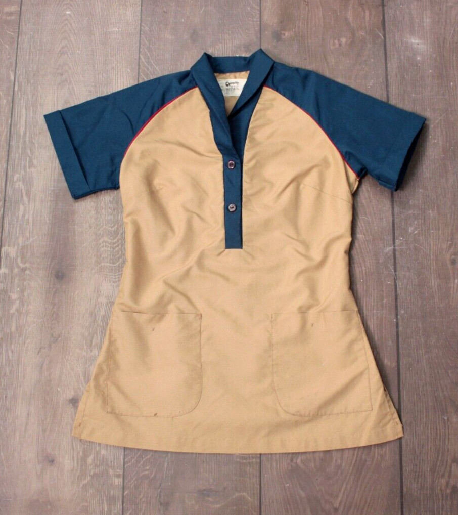 Vtg 70s 80s Tan & Blue Waitress Uniform Top Tunic 197… - Gem