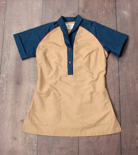 Vtg 70s 80s Tan & Blue Waitress Uniform Top Tunic 197… - Gem