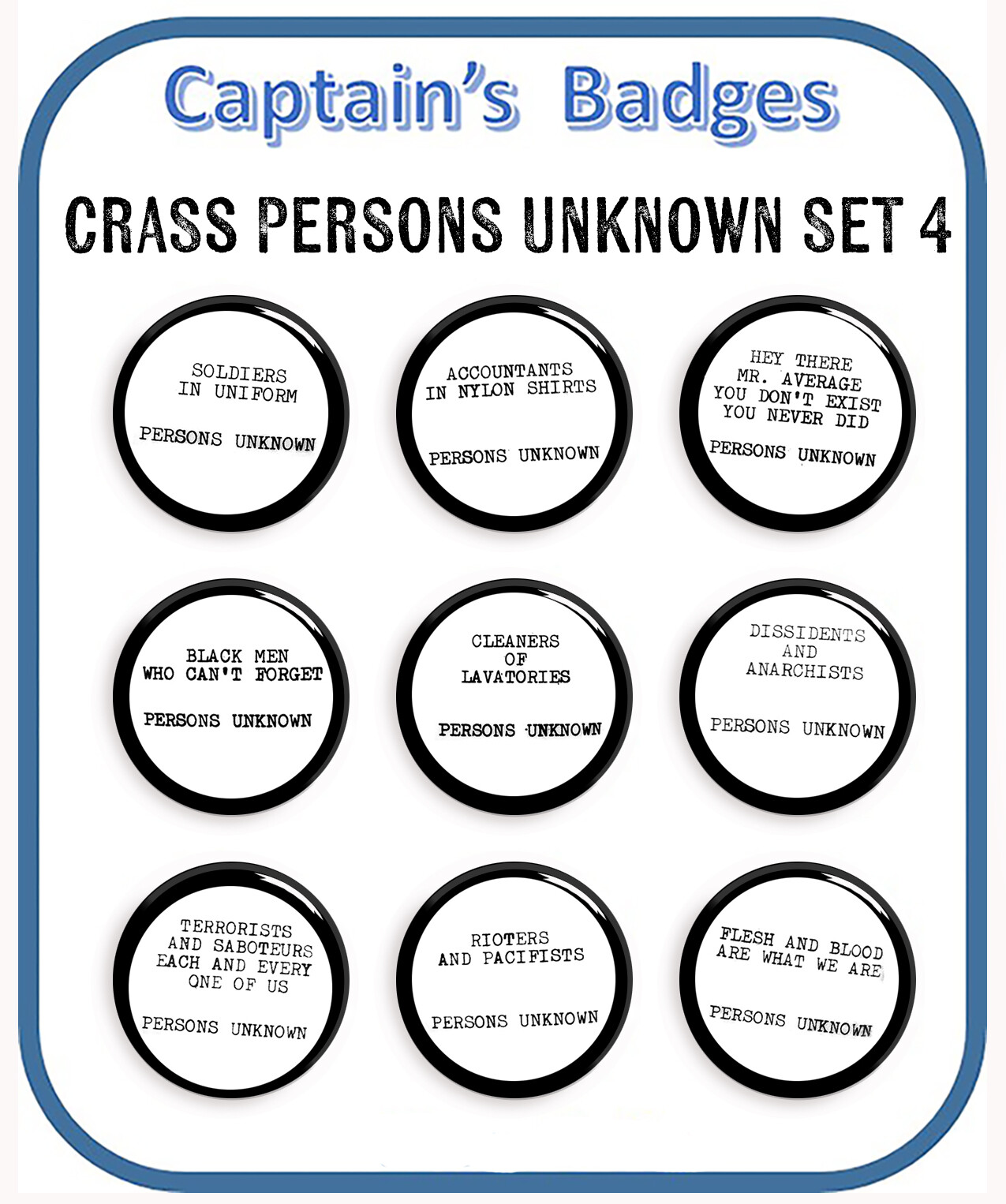 Set of 9 Crass Persons Unknown Badges 25mm - Choice of 4 Sets | eBay UK