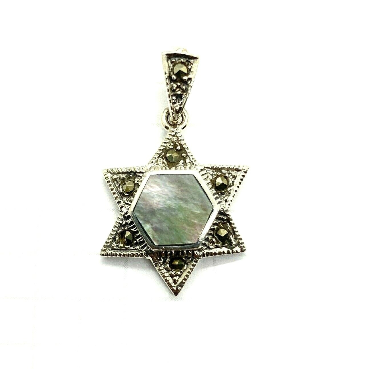 ABALONE SHELL Jewish Star of David PENDANT Marcasite .925 STERLING ...