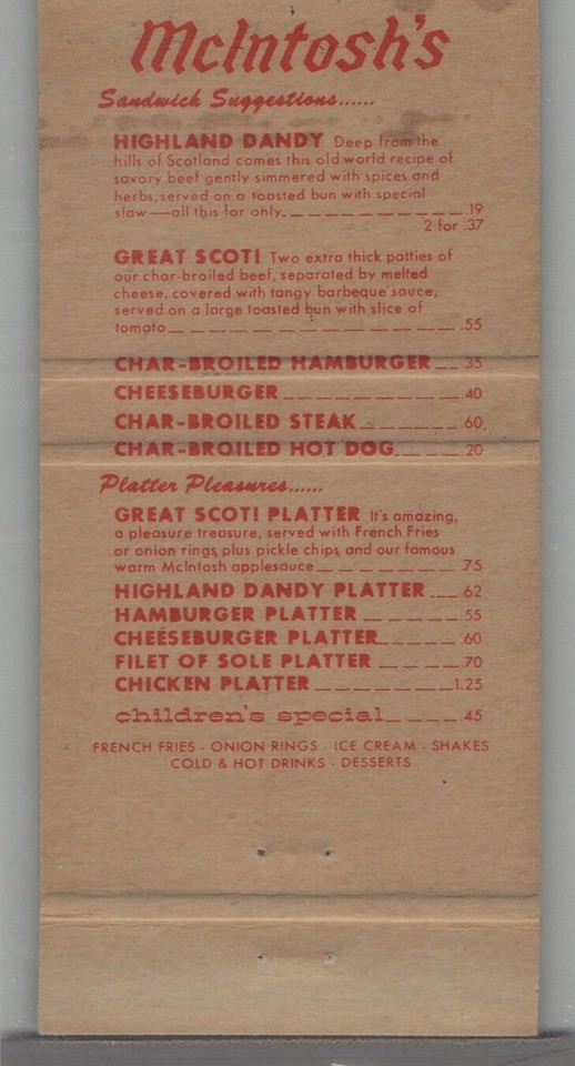 Matchbook Cover - McIntosh's Restaurant Cincinnati, OH | eBay