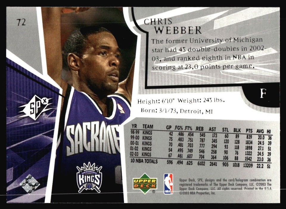 2003 SPx Chris Webber #72 Sacramento Kings | eBay