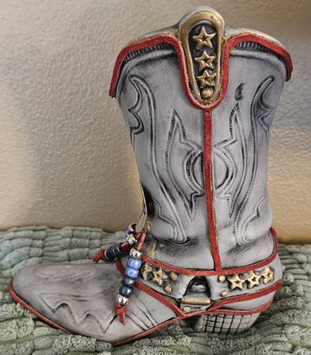 VINTAGE HAND PAINTED STORYTELLER ARTS CERAMIC COWBOY BOOT WITH RED FELT ...