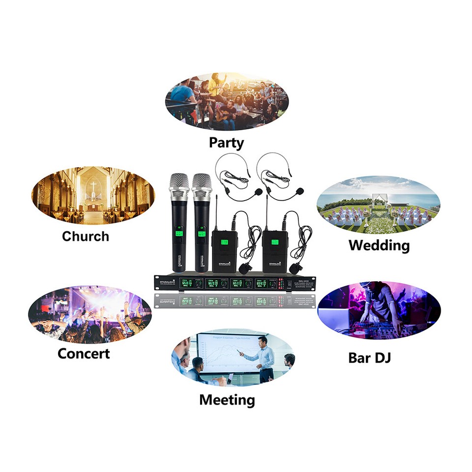 4CH Quad UHF Wireless Church Microphone Studio 2 Headset 2 Handheld ...
