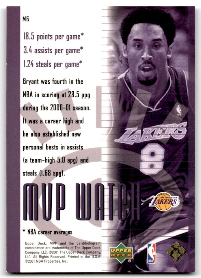 2001-02 UPPER DECK MVP WATCH KOBE BRYANT MINNEAPOLIS LAKERS #M6 | eBay