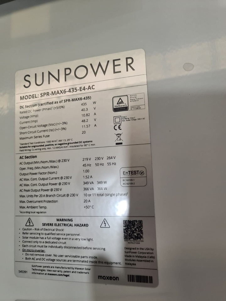 Sunpower AC Solar Panel 435W with Enphase IQ7A micro SPR-MAX6-435-BLK ...