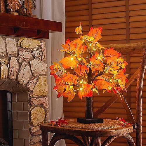 24LED Fall Tree Lighted Maple Tree,Thanksgiving Decoration Maple Leaf ...